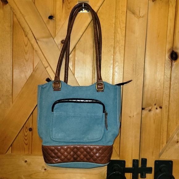 Mona B | Bags | Mona B Teal Brown Shoulder Backpack Bag Canvas Two In ...